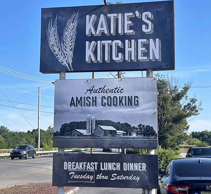The roadside signage advertising breakfast, lunch, and dinner makes it clear Katie's Kitchen is serious about feeding people well.