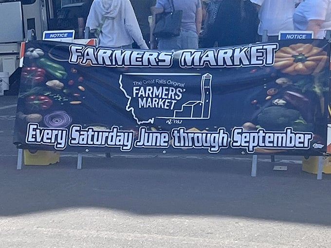 The market's banner promises summer Saturdays filled with treasures, a Montana tradition that makes winter worth enduring.