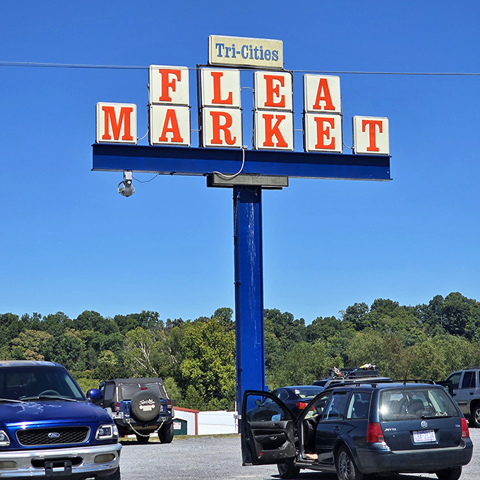 The beacon of bargains! This vintage sign against Tennessee's blue sky promises treasures for those willing to explore. P