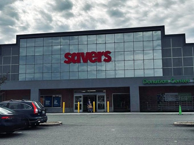 Even on cloudy days, Savers' distinctive storefront promises sunshine for your wallet. The donation center sign reminds us this is shopping with purpose.