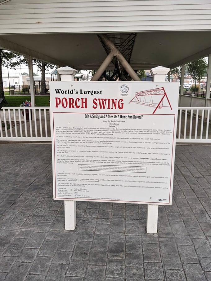 History on display: the official signage explains the swing's origin story. Every great attraction deserves its own creation myth and record certification.
