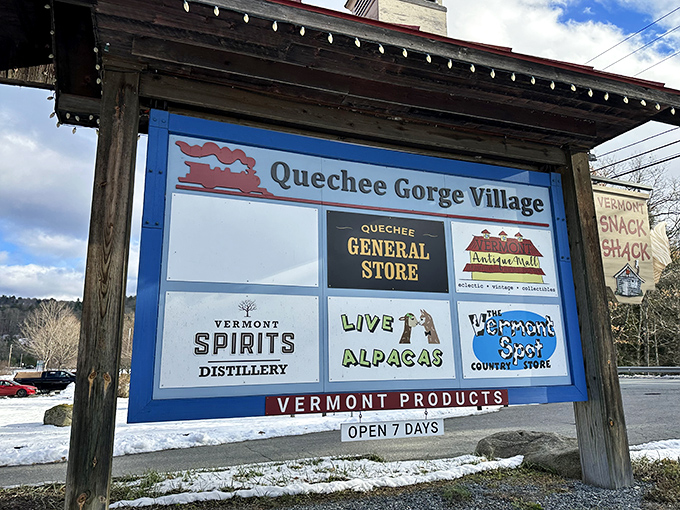 The village directory sign&mdash;your roadmap to adventure. Like a treasure map, but with fewer pirates and more maple products.