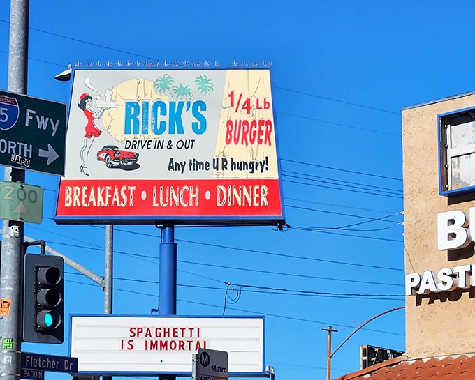 Rick's vintage roadside sign promises "Any time U R hungry!" in a font that screams classic California cool and timeless diner charm.