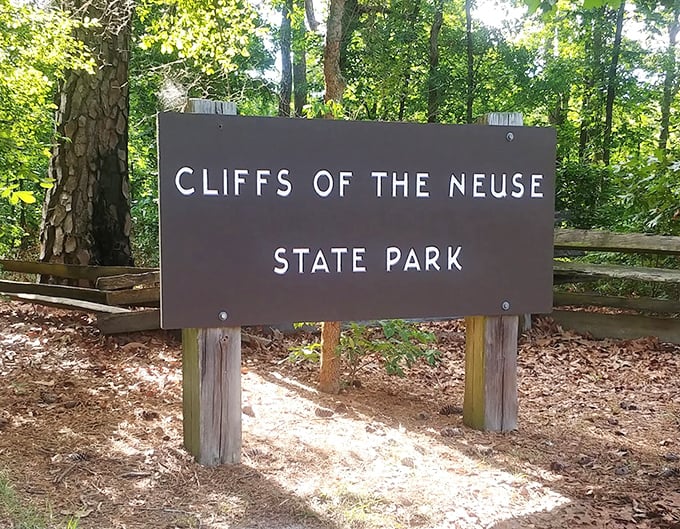 The entrance sign welcomes visitors to North Carolina's best-kept secret, though clearly someone spilled the beans to us.