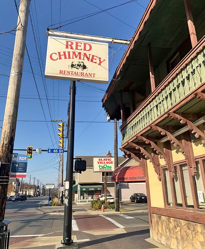 The Red Chimney sign stands as a beacon of culinary consistency in Slavic Village, promising the same delicious comfort food today as it did decades ago.
