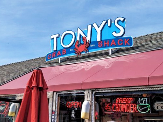Tony's iconic signage promises "Great Chowder" - a bold claim this beloved coastal institution delivers daily.