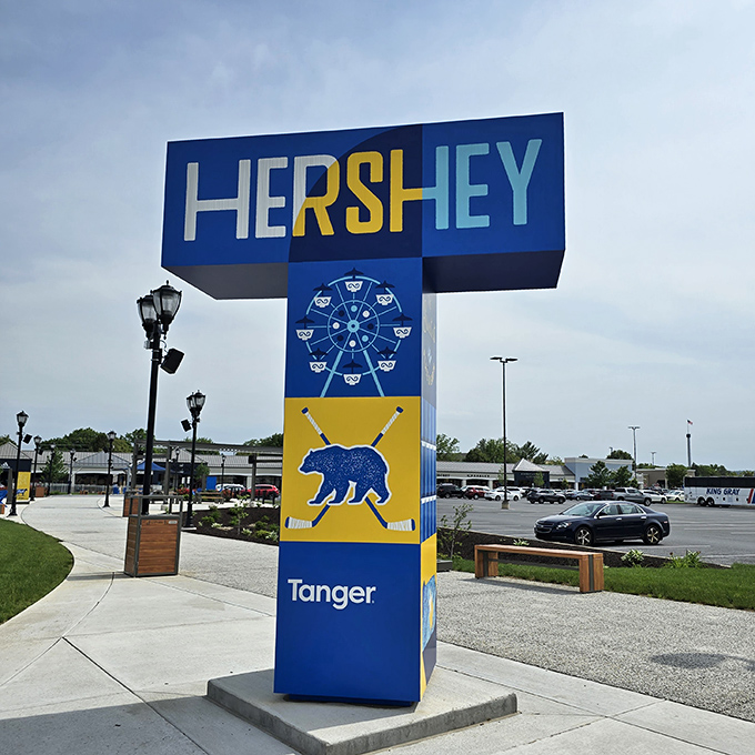Hershey's iconic signage reminds you that in this town, both chocolate and shopping deals flow with equal abundance.