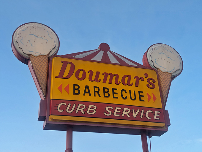 Ice cream cones flanking the Doumar's sign like sentries guarding deliciousness. This isn't just signage—it's a landmark on Virginia's culinary map.