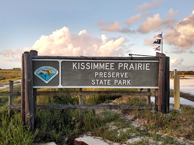 The official welcome sign stands sentinel at day's end &ndash; a gateway between our world and Florida's last great wilderness.