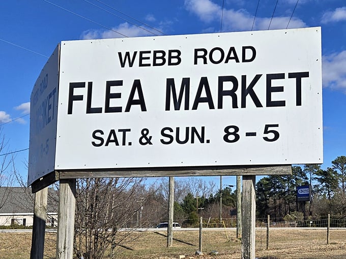 The no-frills signage says it all: weekends here are for treasure hunting, not sleeping in. The early bird gets the vintage vinyl.