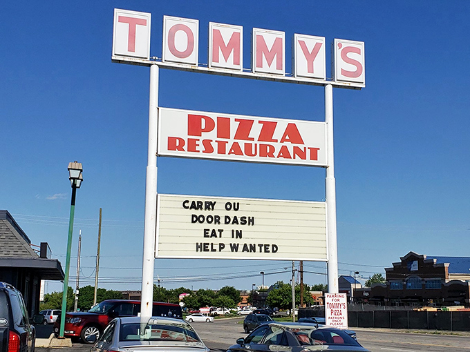 Tommy's sign stands tall against the Ohio sky, a landmark that's guided hungry travelers to pizza salvation for generations.
