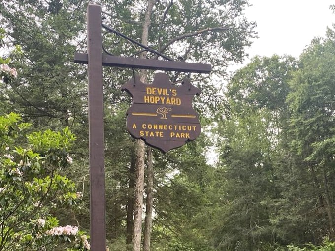 The sign says "Devil's Hopyard," but this heavenly Connecticut State Park is clearly where angels spend their weekends.