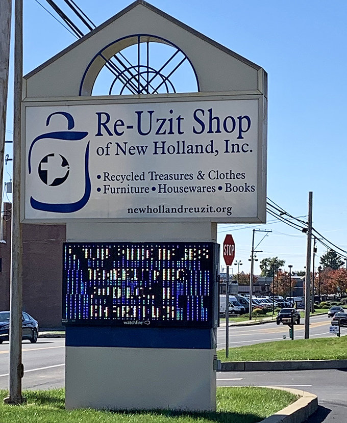 The sign that launched a thousand bargain quests. This blue and white beacon has guided thrift enthusiasts through Lancaster County for generations.