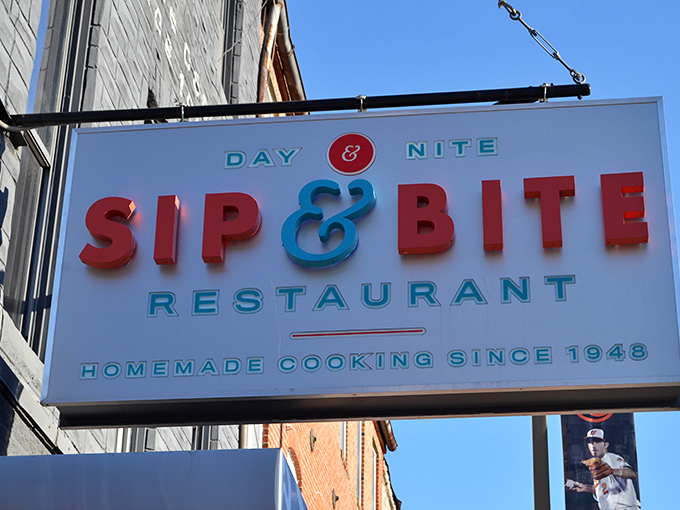 The Sip & Bite sign glows with retro charm, a neon promise that some things in life&mdash;like perfect diner breakfasts&mdash;never need upgrading.