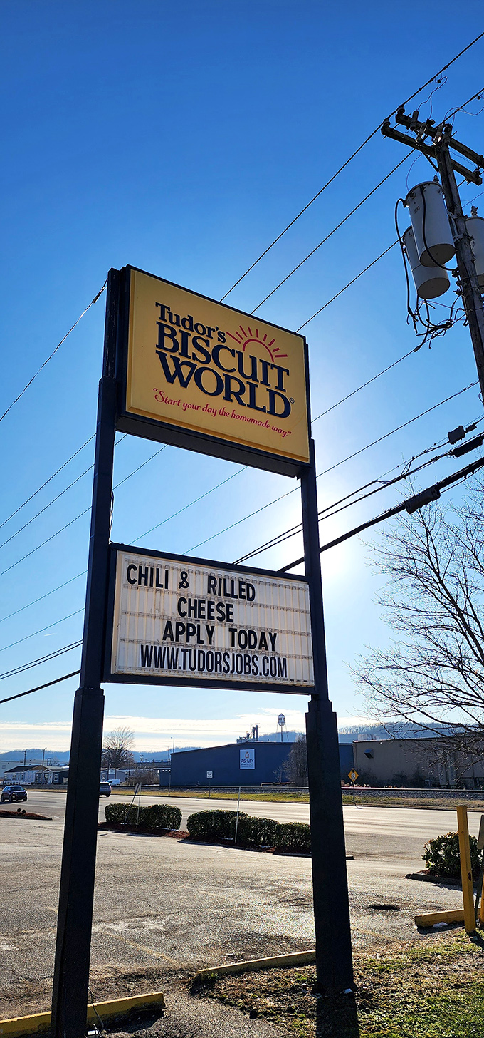 "Start your day the homemade way"&mdash;Tudor's roadside sign stands as a butter-yellow promise against the West Virginia sky.