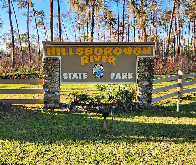 The park entrance sign stands as a portal between two worlds &ndash; ordinary Florida on one side, extraordinary natural wonder on the other.