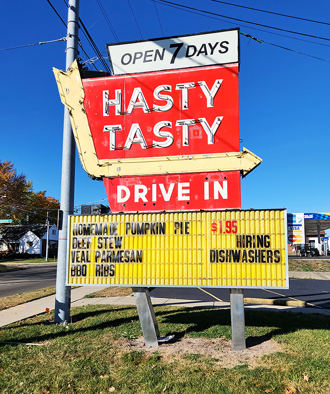 The vintage roadside sign promises "DRIVE IN" service and homemade pumpkin pie &ndash; a slice of Americana that's increasingly rare and increasingly precious.