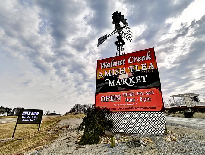 The sign says it all&mdash;Walnut Creek Amish Flea Market, where "flea" is the only thing you won't find among the treasures inside.