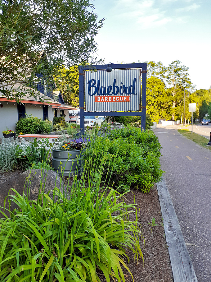 First impressions matter, and Bluebird's vintage-inspired sign surrounded by lush greenery sets the perfect tone. Your barbecue journey begins here.