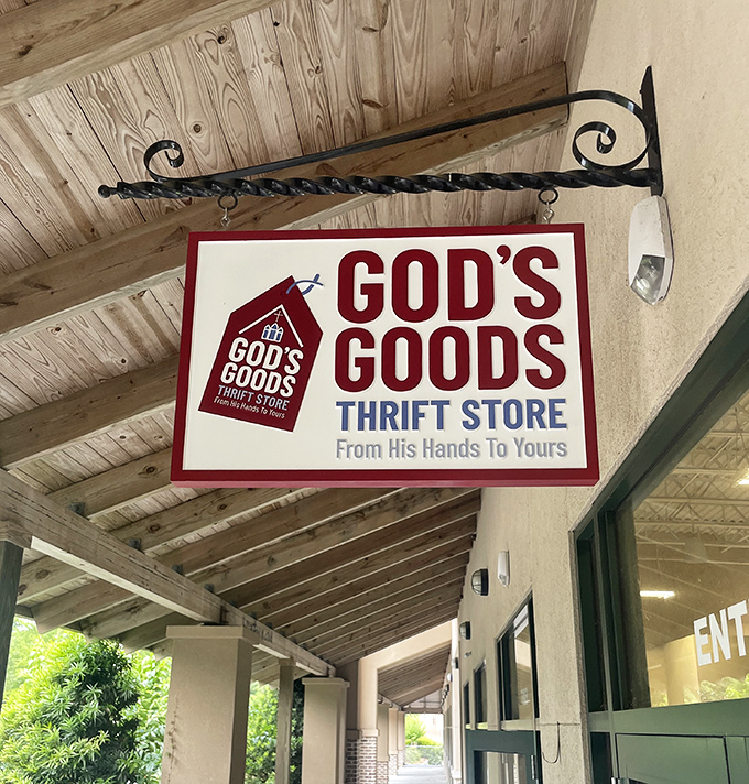 From His Hands To Yours&mdash;the charming sign that welcomes bargain hunters and reminds shoppers that every purchase supports the store's community mission.