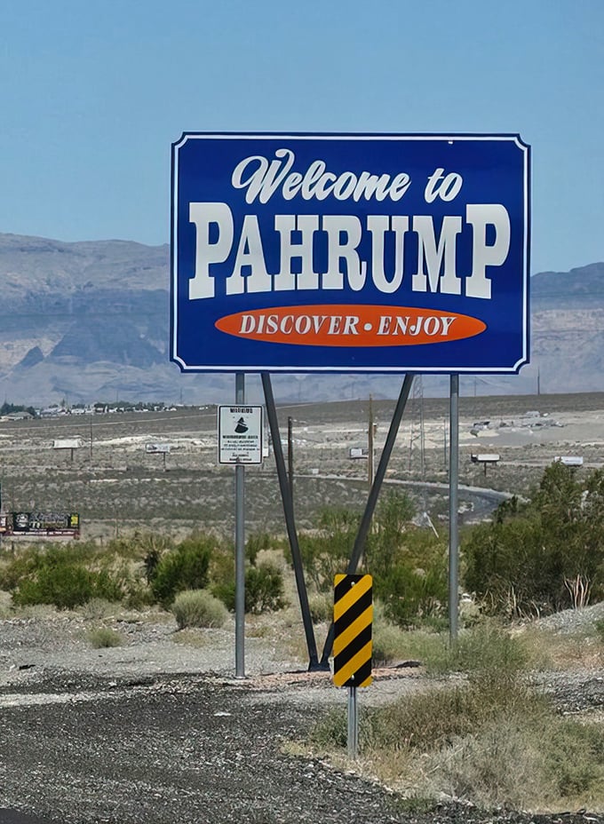 Discover &bull; Enjoy isn't just a slogan&mdash;it's a promise. Pahrump's welcome sign stands against a landscape that delivers both in abundance.