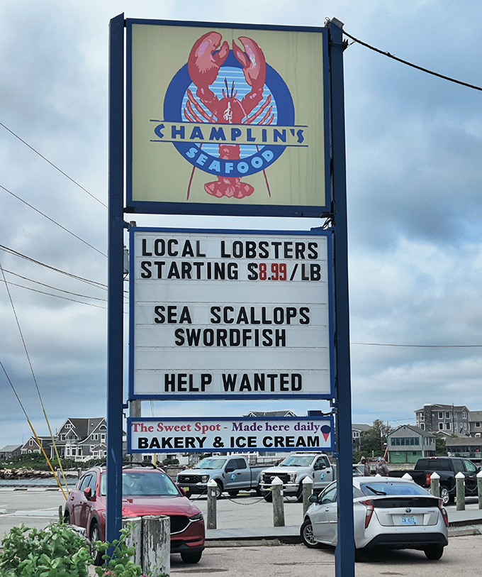 The iconic Champlin's sign—a lighthouse for hungry souls. When those red lobster claws beckon, resistance is both futile and foolish.