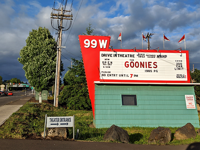 The iconic red sign stands as a beacon of cinematic joy, announcing "The Goonies" like it's 1985 and everything wonderful is still possible.