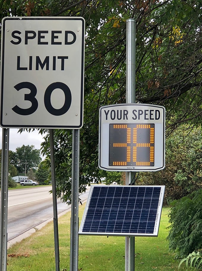 Even Harmony's speed signs reflect the town's character—solar-powered technology meeting small-town values, gently reminding you to slow down and enjoy the journey.
