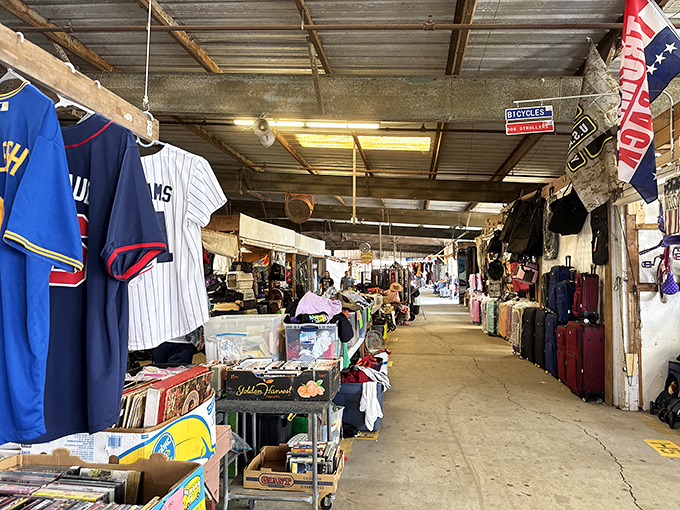 Endless possibilities down every aisle. Sports jerseys, vintage finds, and unexpected treasures await those willing to explore this retail labyrinth.