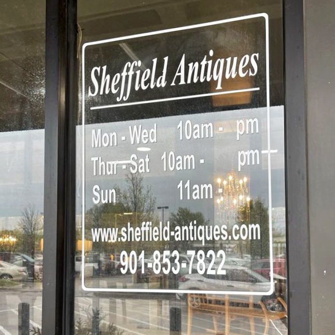 The hours posted on the door&mdash;vital information for serious antiquers who know that treasure hunting requires strategy and perfect timing.