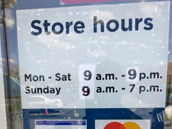 The store hours sign: a crucial piece of information for serious thrifters. Twelve hours of treasure hunting on weekdays means twelve hours of possibility.