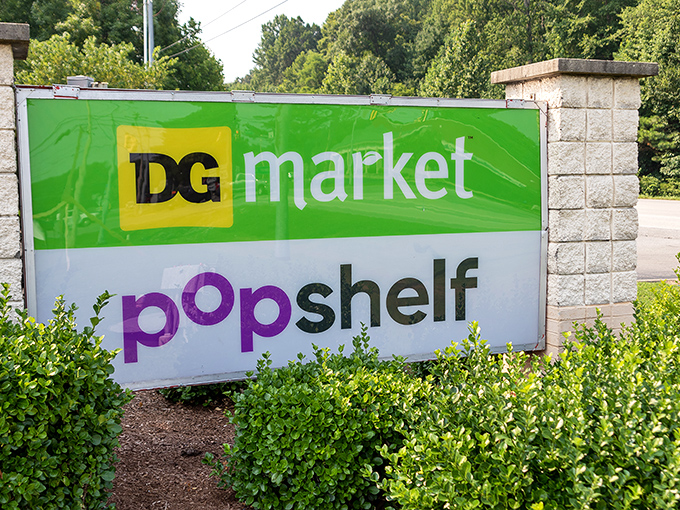 The roadside marquee announces your arrival at retail nirvana, where the vibrant green and purple signage stands out against the lush Tennessee landscape.