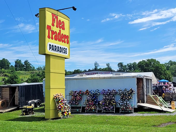The bright yellow sign stands like a beacon of bargain hope against Tennessee's blue sky. It's not subtle, but neither is the joy of finding the perfect collectible.