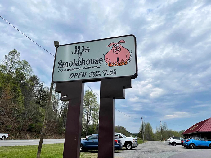 A sign featuring a happy pig is either deeply ironic or refreshingly honest about the situation at hand.