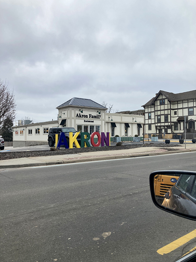 From the street, Akron Family Restaurant stands as a local landmark—that colorful AKRON sign is like the North Star for hungry travelers.