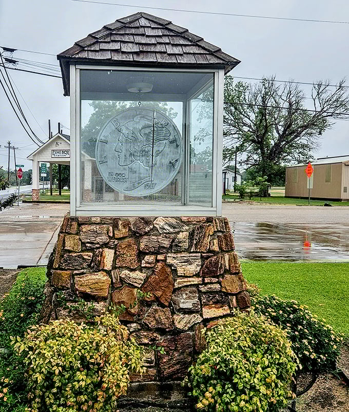 After a Texas rain shower, the World's Largest Dime seems to shine even brighter, proving some attractions actually look better when the weather turns.