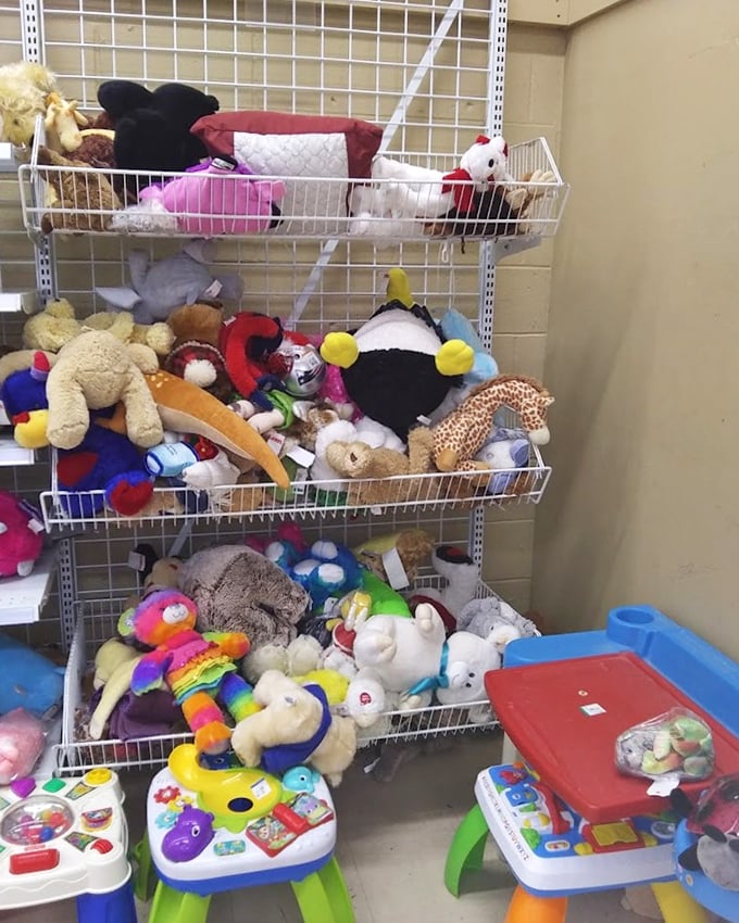 The stuffed animal section &ndash; where childhood companions await their next cuddle. That rainbow caterpillar looks like he's seen some adventures.