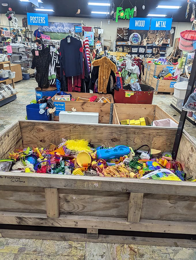 These wooden bins overflow with plastic potential. Every colorful toy piece is waiting for its second act in a child's imagination.