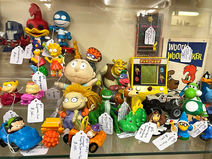 Childhood icons frozen in plastic glory! From Rugrats to Shrek, this display case is basically a therapy session for anyone born between 1980 and 2000.
