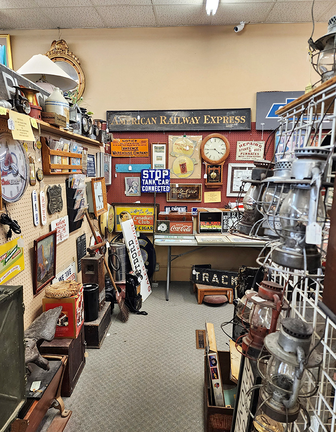 A perfectly curated corner of Americana where railway signs and vintage advertisements create a time capsule of heartland commerce.