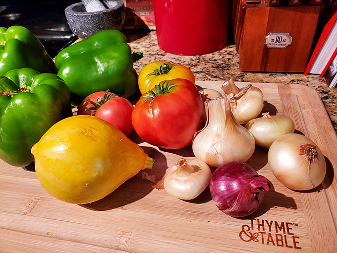 The starting lineup of an all-star salsa team, posing on their wooden bench before being drafted into tonight's dinner rotation.
