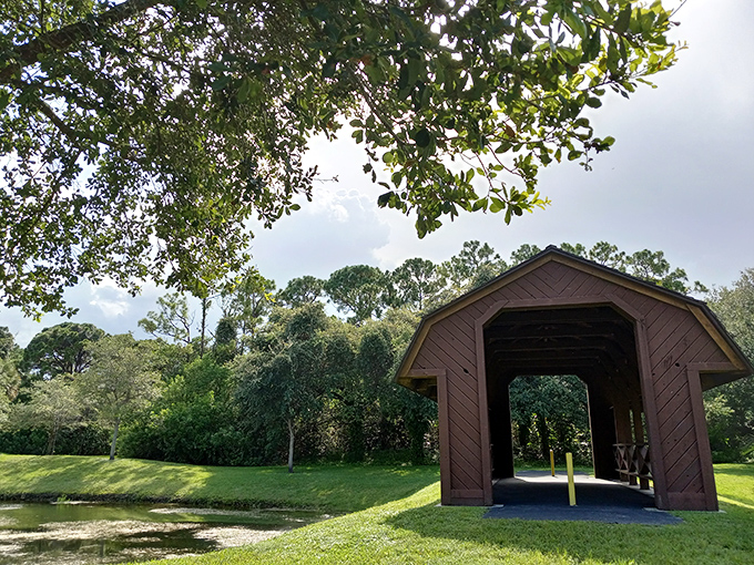 Framed by Florida's endless blue skies, the covered bridge stands as a testament to architectural diversity in a state known for concrete and glass.