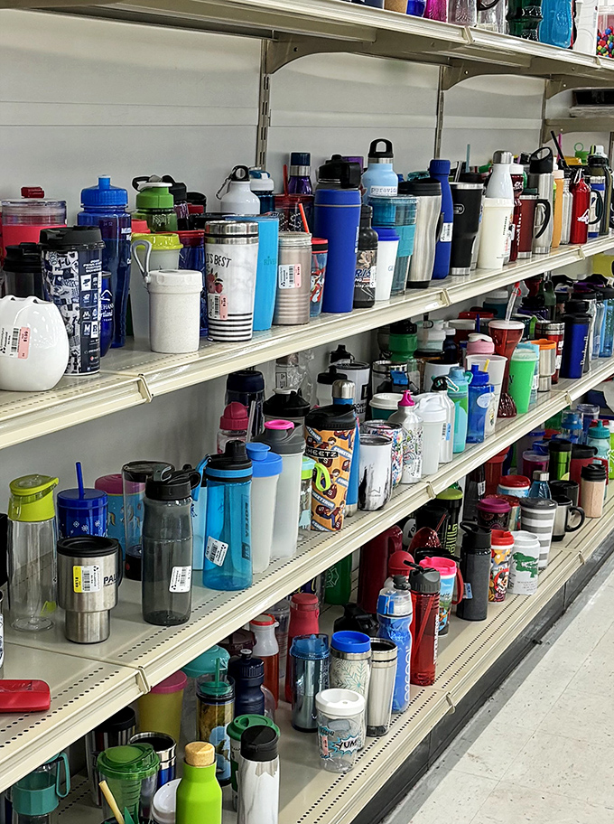 The water bottle collection defies explanation. Like a museum exhibit titled "America's Abandoned Hydration Stations: 1995-Present."
