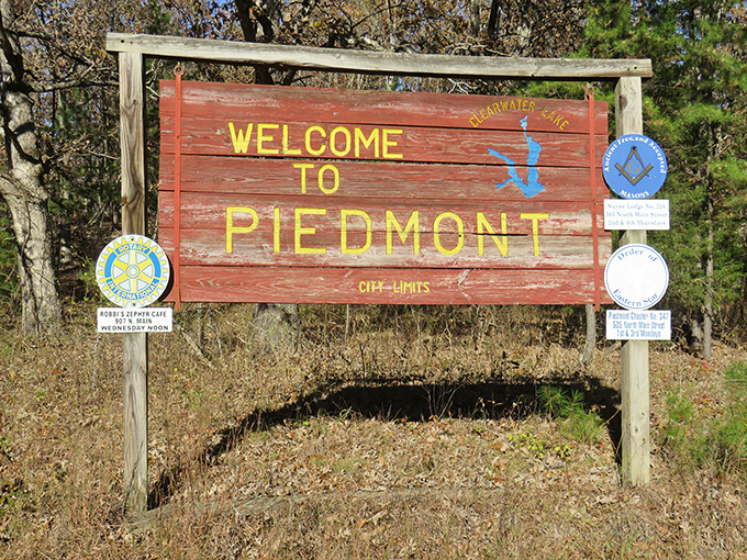 This weathered welcome sign tells you everything you need to know about Piedmont – a community proud of its organizations, heritage, and hospitality.