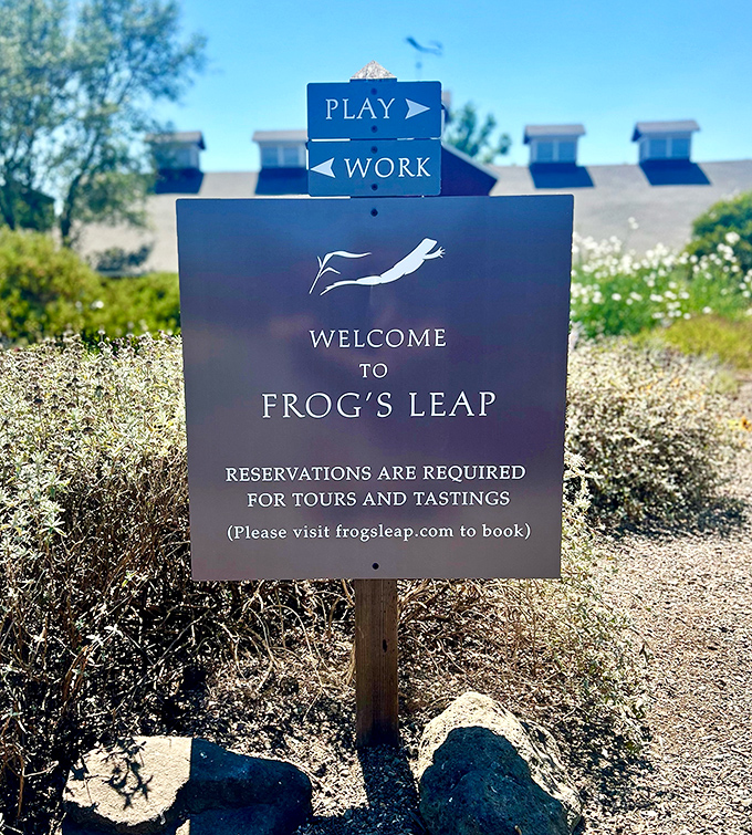 "Play" or "Work"? At Frog's Leap, the line blurs delightfully. This welcoming sign sets the tone for a winery that doesn't take itself too seriously.