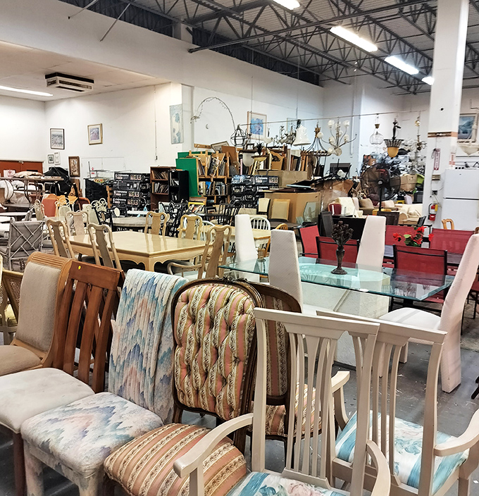 The checkout counter—final gateway between thrift wonderland and the real world. That mannequin seems to be judging your restraint.
