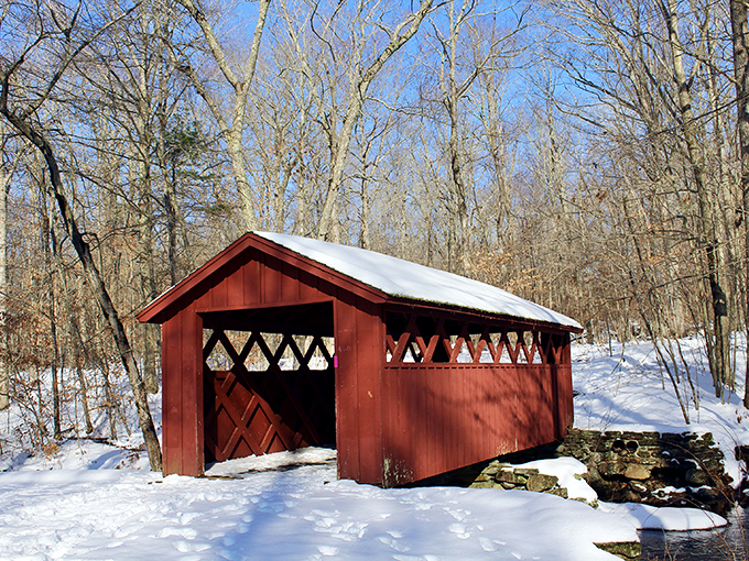 Winter transforms the park's covered bridge into a scene worthy of the best holiday cards&mdash;no filter or Photoshop required.