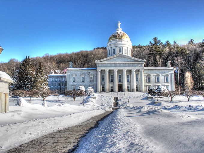 Winter blankets the State House in pristine snow, transforming Vermont's capital into a scene worthy of the most expensive snow globe you've ever bought.