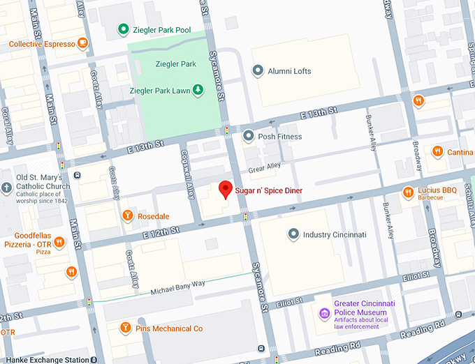16. sugar n&rsquo; spice diner (1203 sycamore st) map