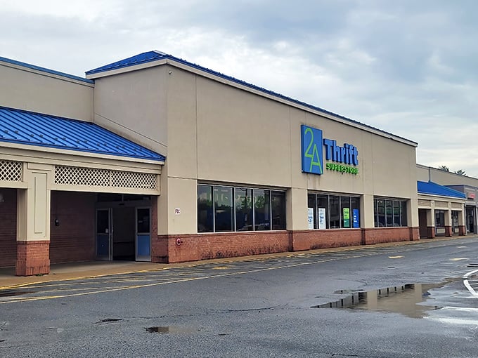 Bargain hunter's paradise! The blue-roofed 2nd Ave Thrift Superstore stands ready to welcome treasure seekers after a refreshing Virginia rain shower.